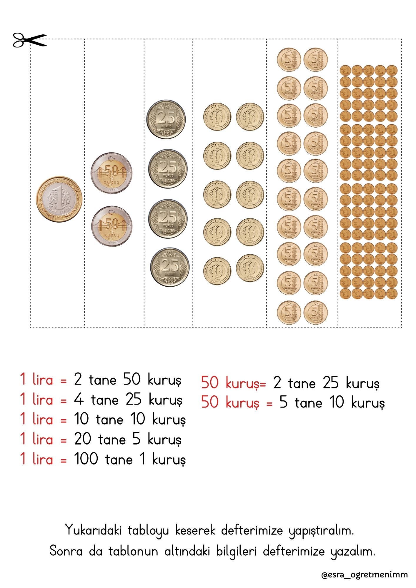 1 Liranın Karşılığı Madeni Paralar Defter Etkinliği