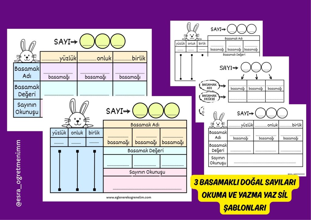 3 Basamaklı Sayılar Basamak Adı ve Basamak Değeri Yaz Sil Şablonu