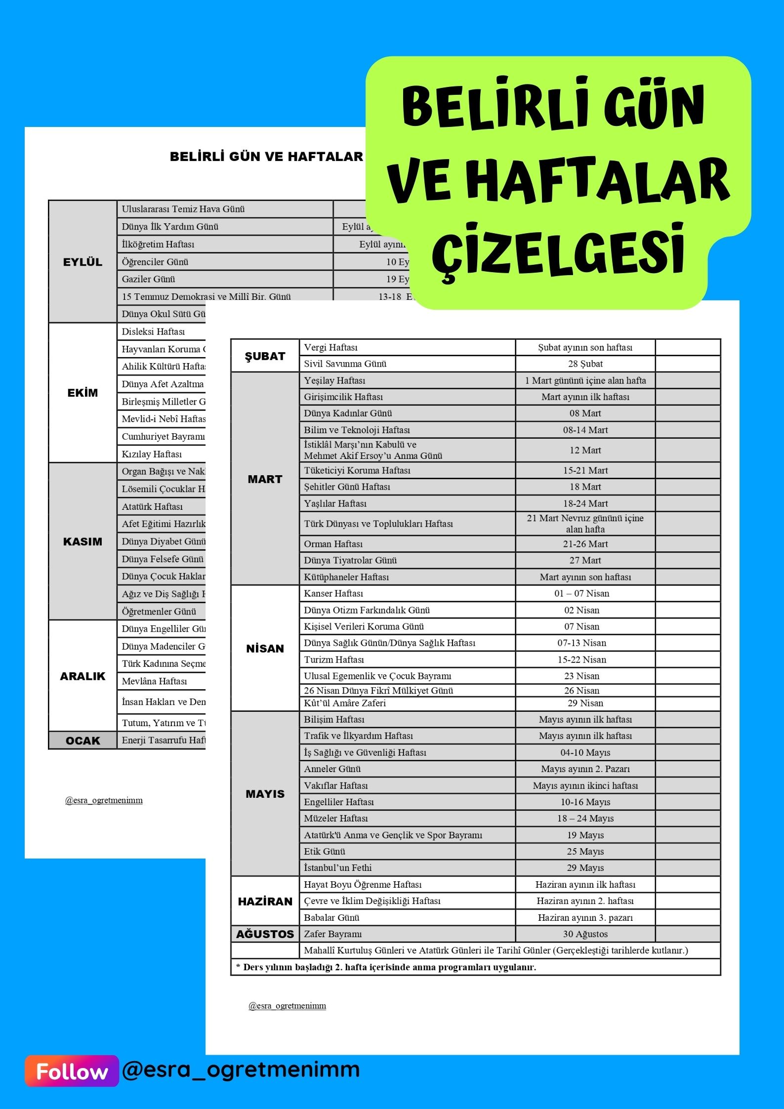 Belirli Gün ve Haftalar Çizelgesi