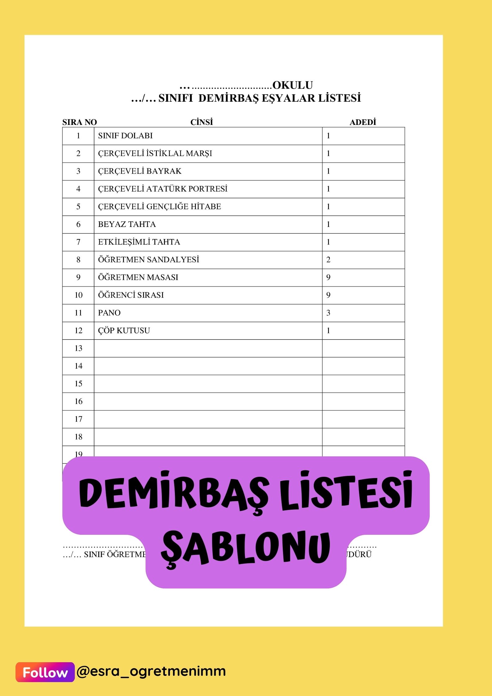 Demirbaş Listesi Şablonu Demirbaş Listesi Şablonu