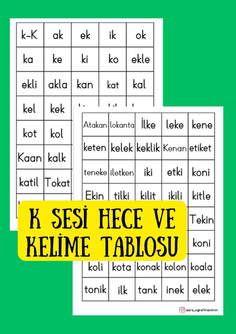 K Sesi Hece Kelime Tablosu
