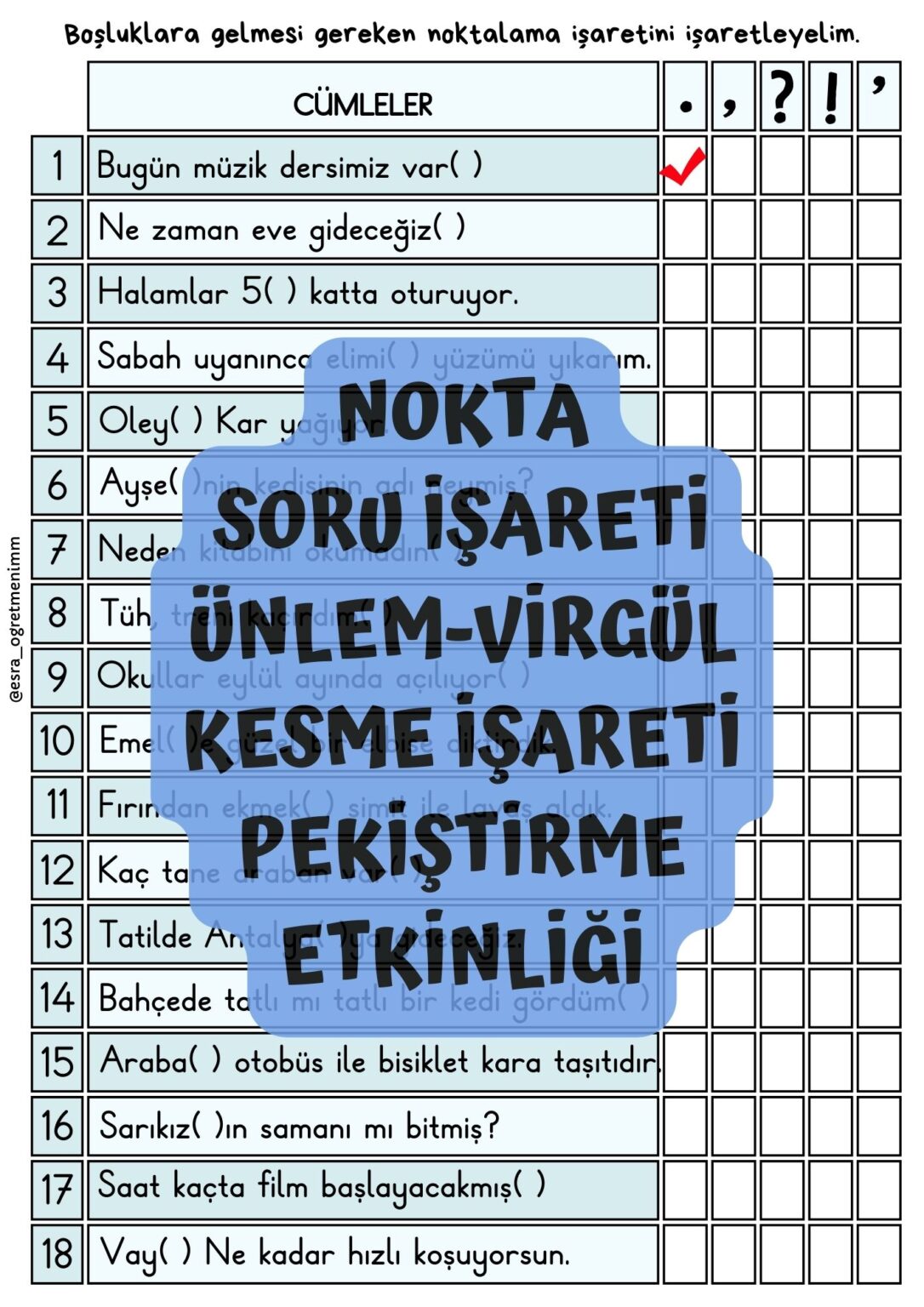 Nokta-Soru İşareti-Ünlem-Virgül Pekiştirme Etkinliği