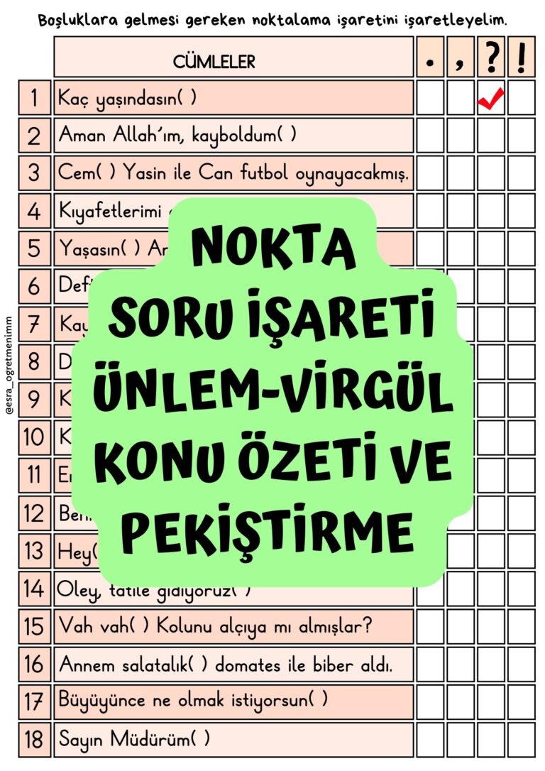 Nokta-Soru İşareti-Ünlem-Virgül Pekiştirme Etkinliği