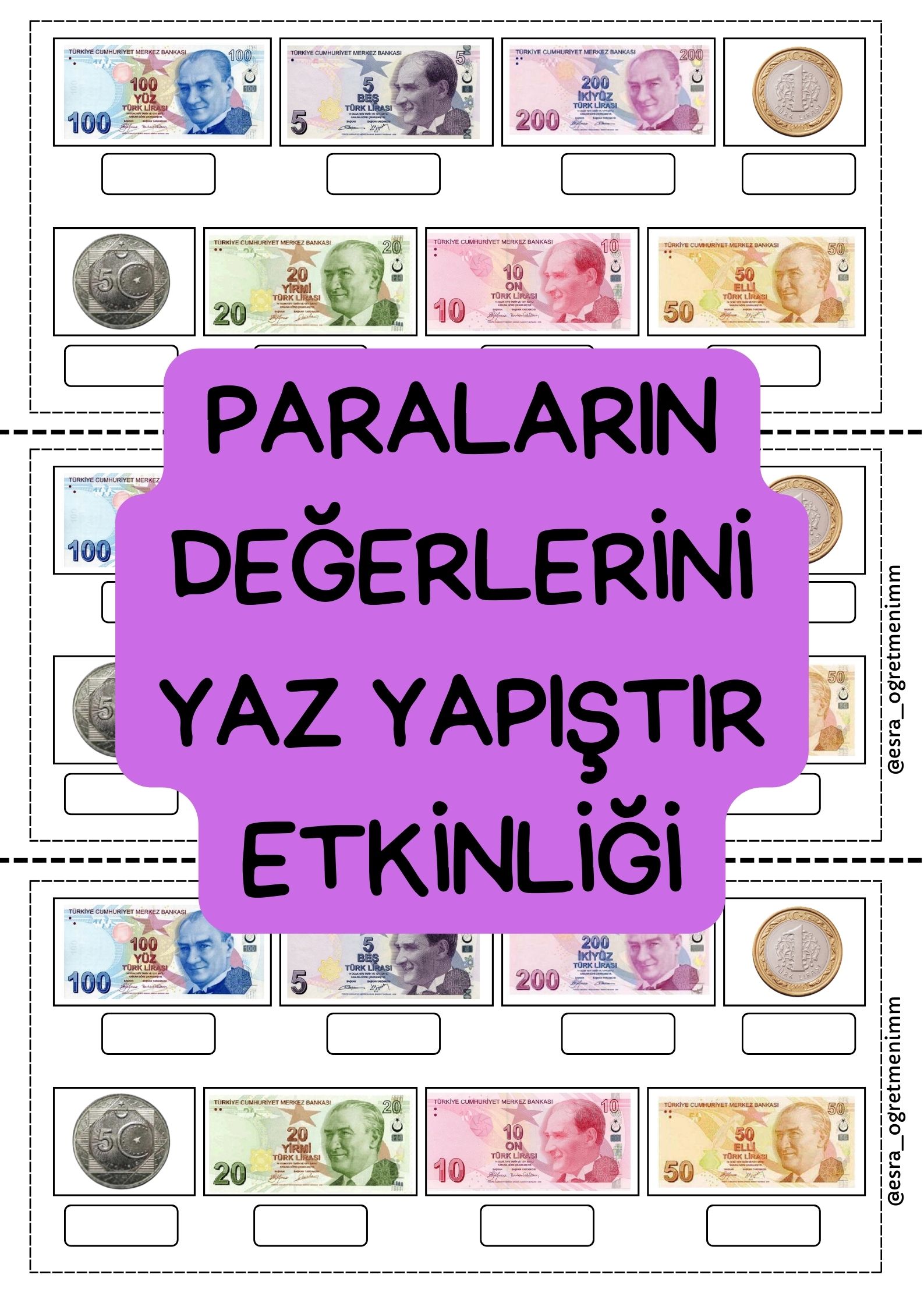 Paralar Etkinliği Paraların Değerini Yaz